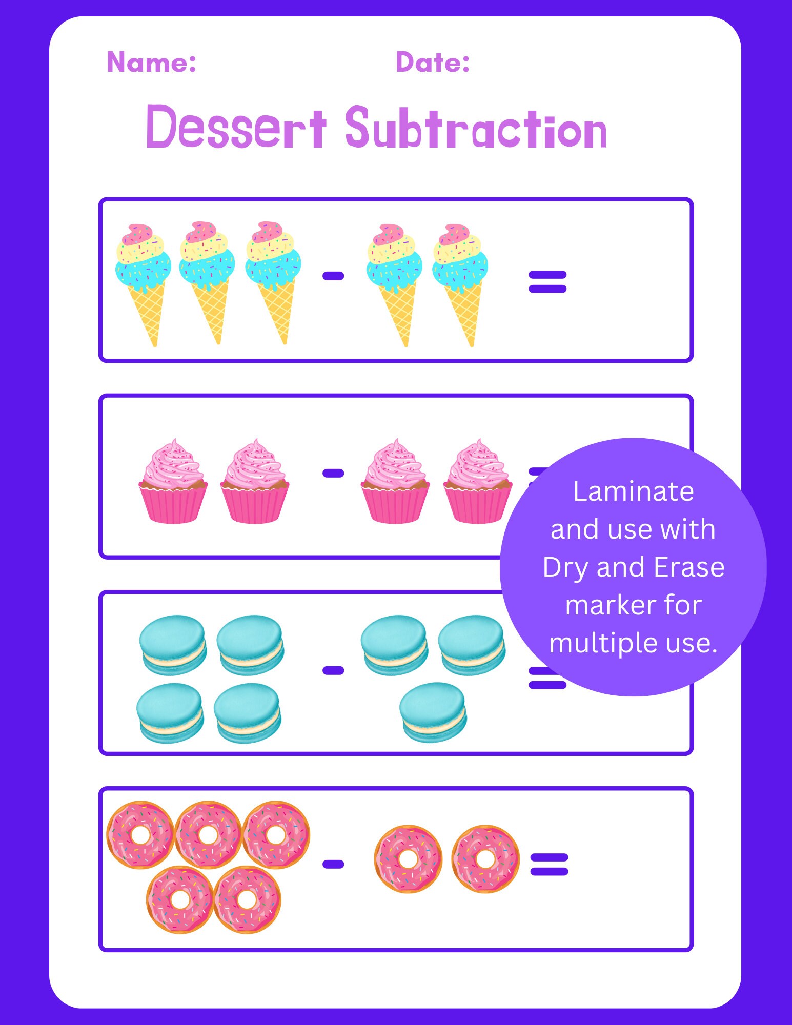 Math Subtraction Practice Worksheets for Younger Kids. Fun Themed ...