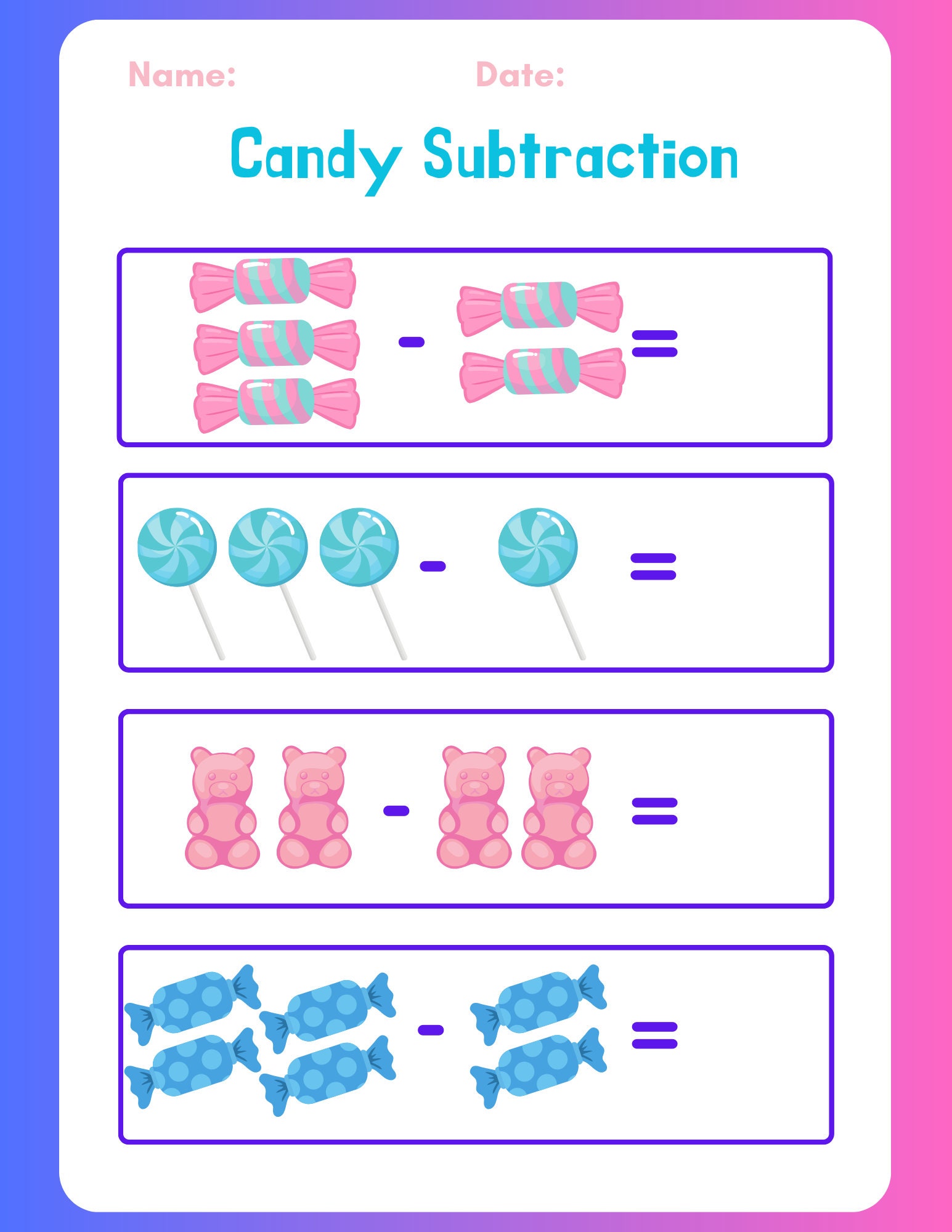 Math Subtraction Practice Worksheets for Younger Kids. Fun Themed ...