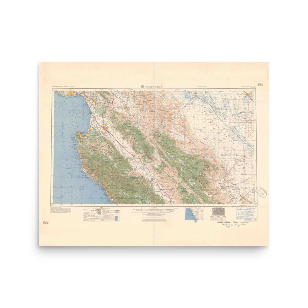 Santa Cruz CA 1957, Old Archival Map of Santa Cruz, Frameless Matte ...