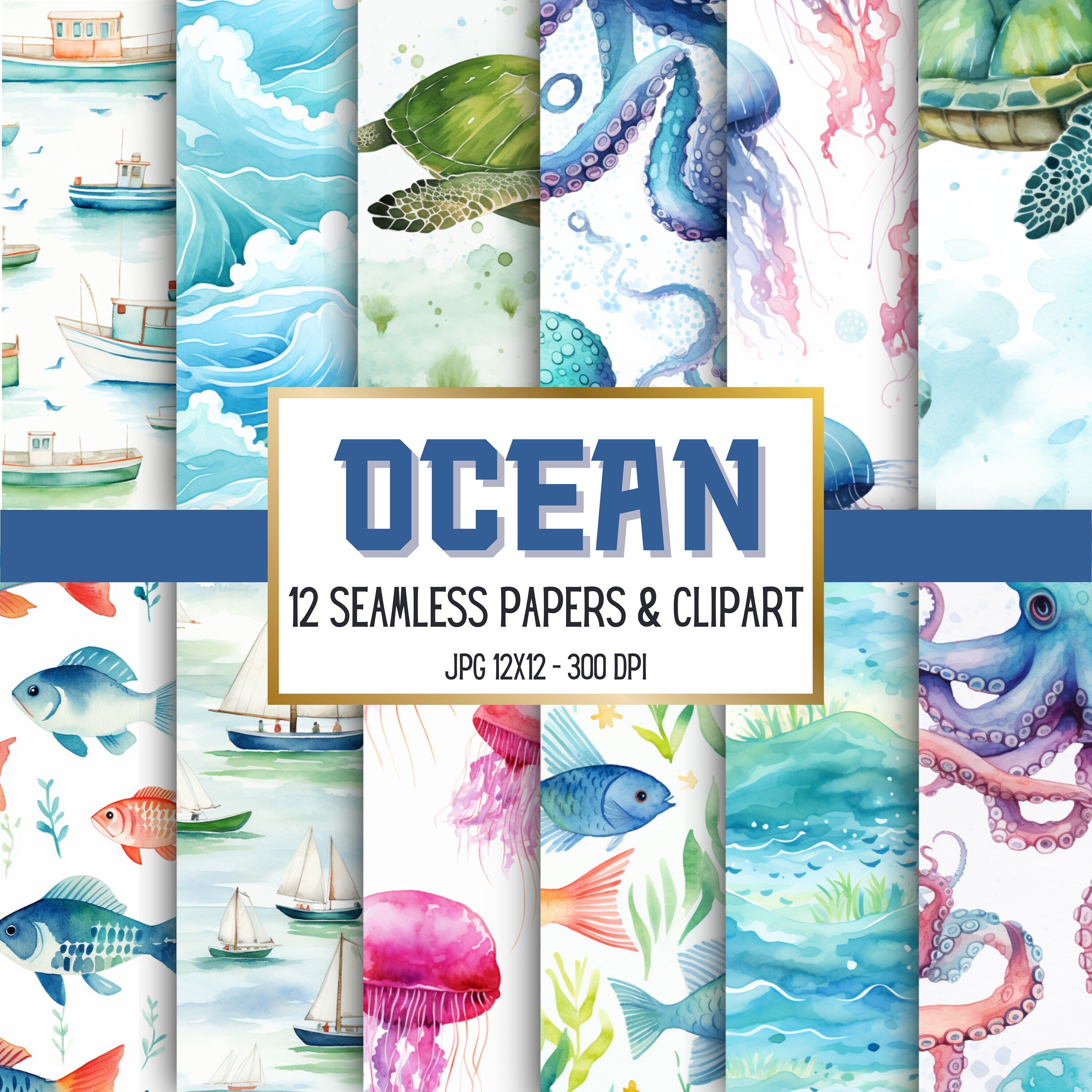 OCEAN SEAMLESS PAPER Ocean Digital Paper Commercial Use Watercolor ...