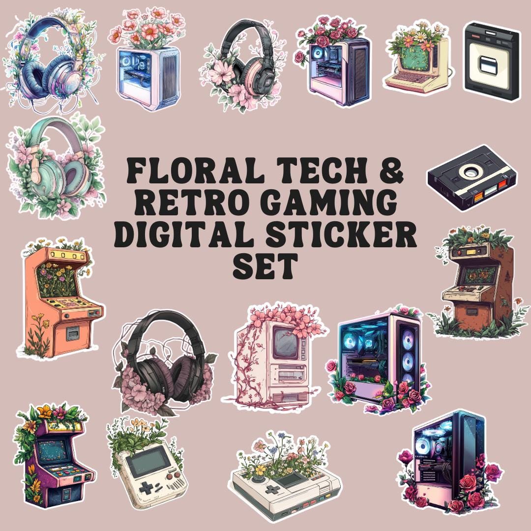 Floral Tech and Retro Gaming Digital Sticker Set | PC Headphones | Game ...
