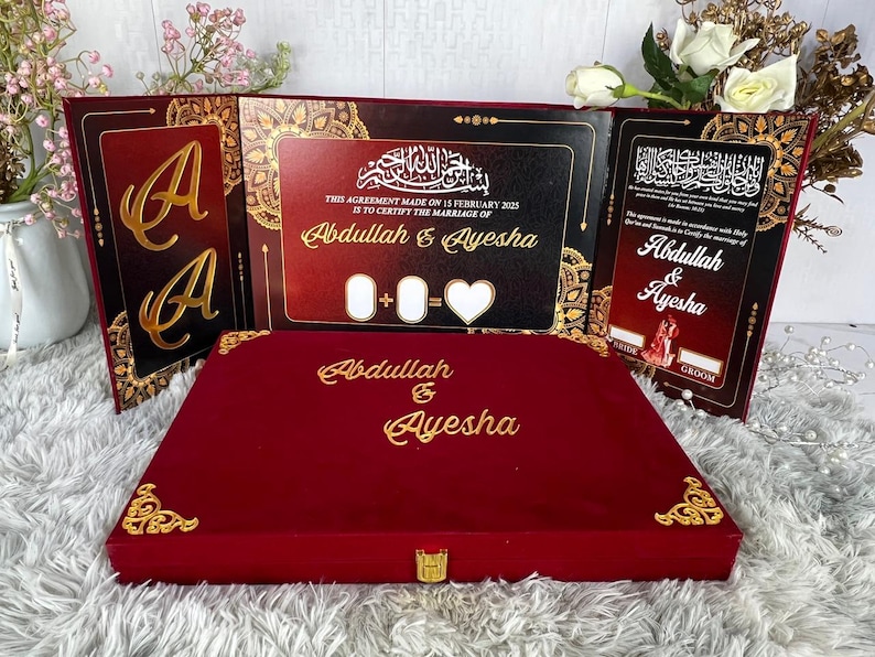 Personalized Nikah Certificate Book Box Red Nikkah Thumbprints and ...