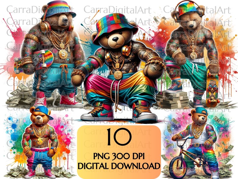 Hip Hop Teddy Bear Clipart Png Design Digital Download, Gangsta Rap ...