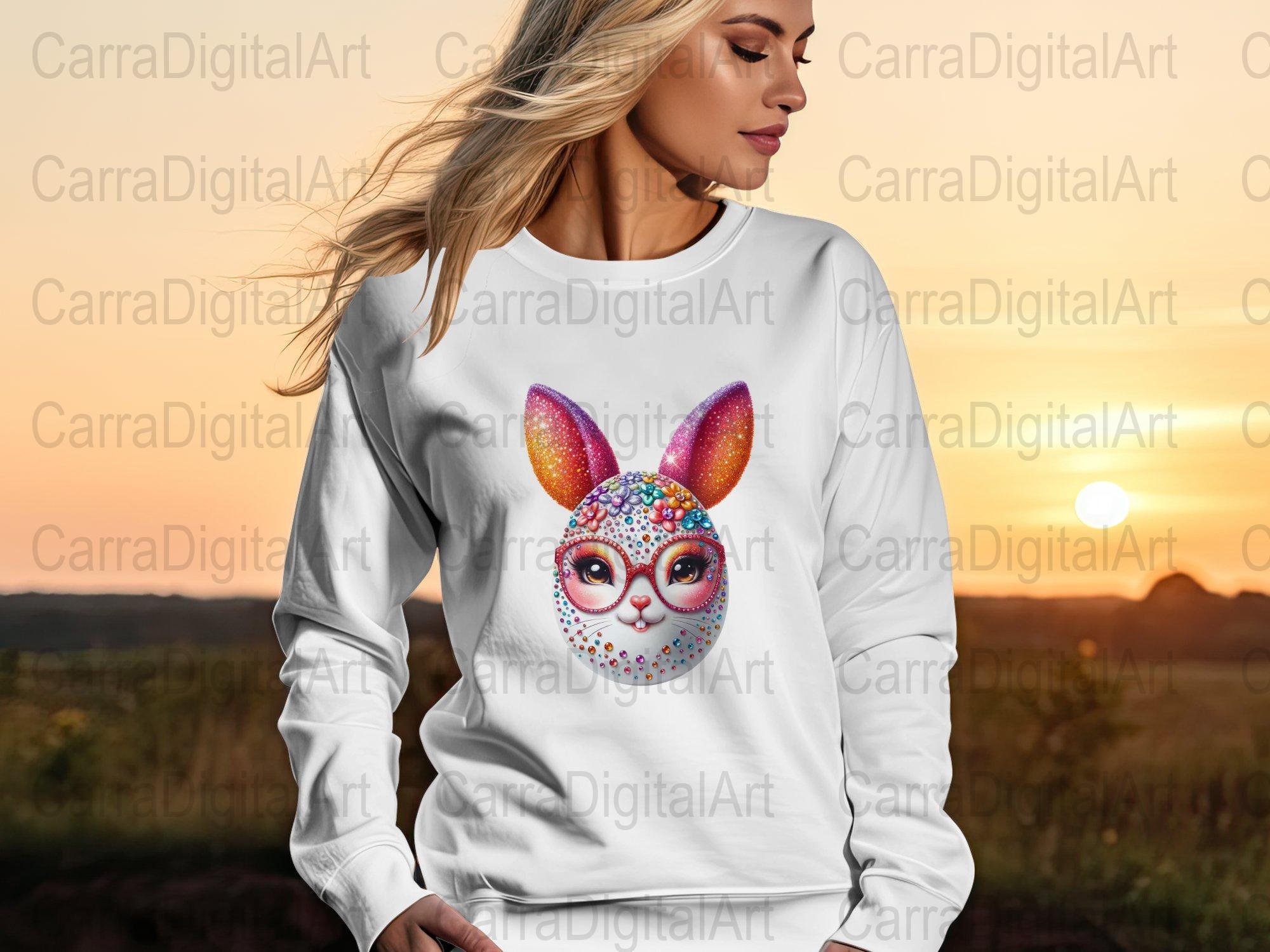 Cute Easter Bunny Face PNG, Glitter Bunny Ears Digital Download, Floral ...