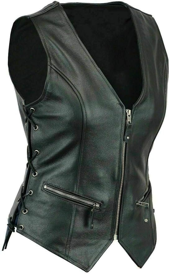 Women Motorcycle Biker Classic Vest Genuine Cowhide Leather Vest With ...