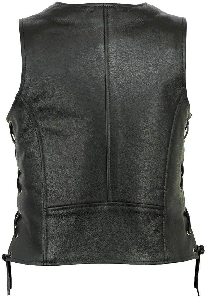 Women Motorcycle Biker Classic Vest Genuine Cowhide Leather Vest With ...