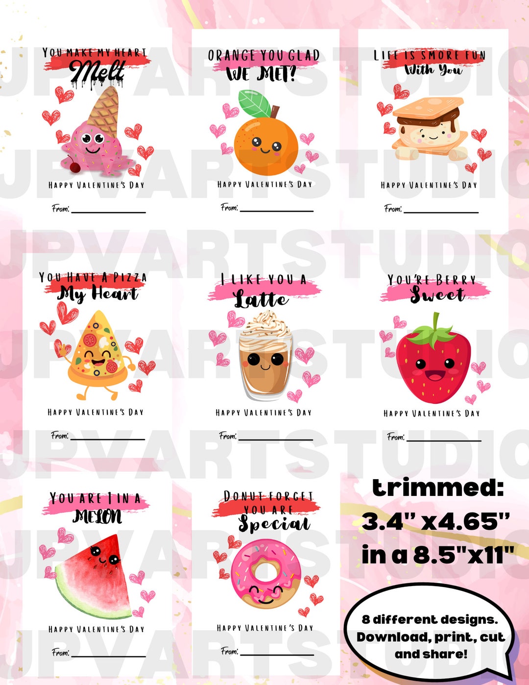 8 Printable Valentine's Day Cards, Kids Valentine, Food Pun Valentine's ...