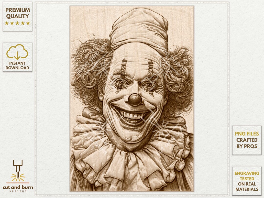 Circus, Scary Clown Portrait Laser Burn PNG for 3D Illusion Engrave ...
