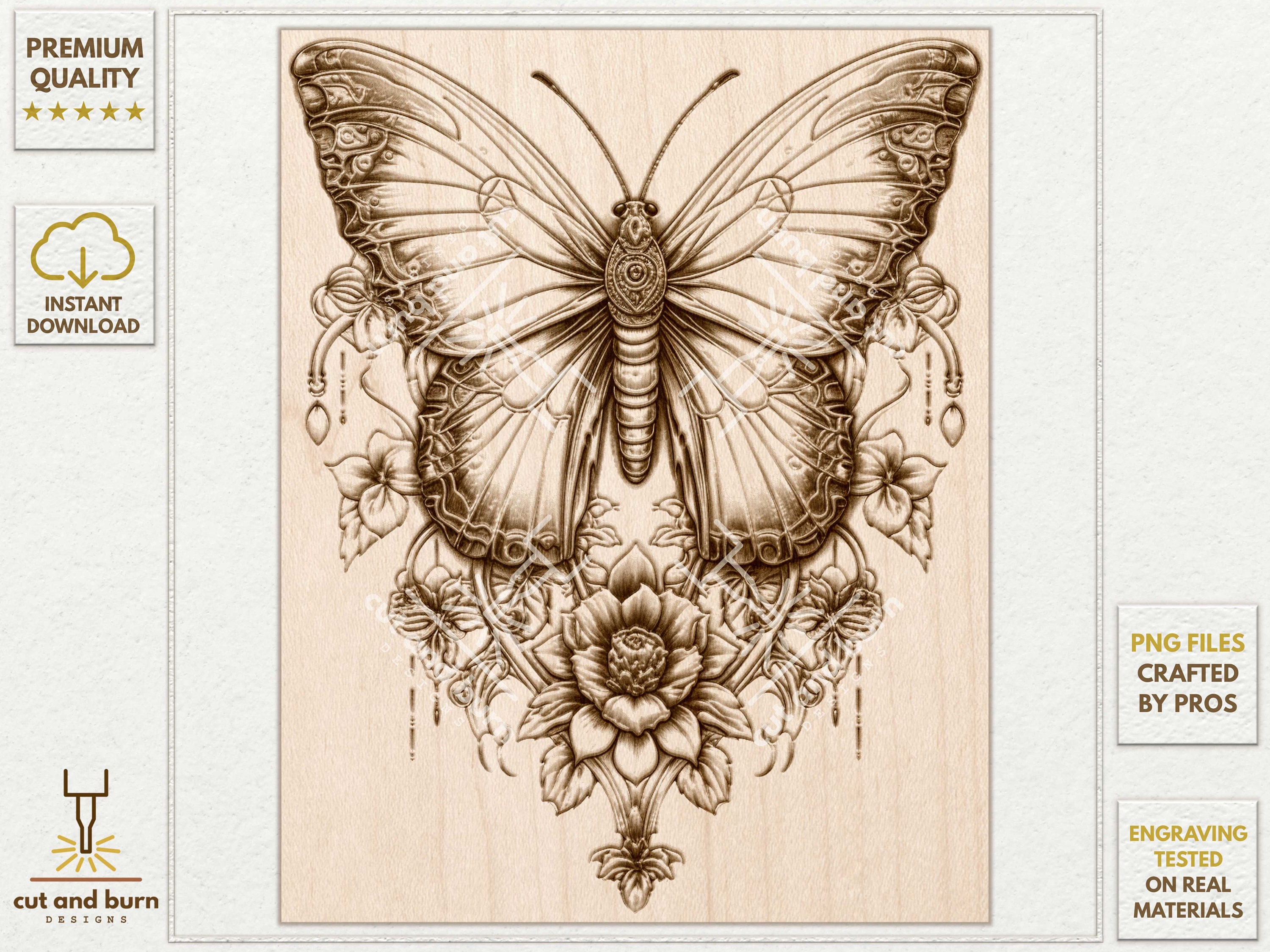 Butterfly PNG Laser Engrave, 3D Moth Engrave PNG, Laser Burn, Fantasy ...