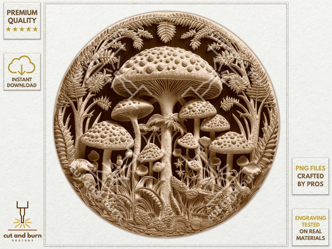 Laser Burn Mushrooms PNG for 3D Illusion Engrave, Laser Ready, Digital ...