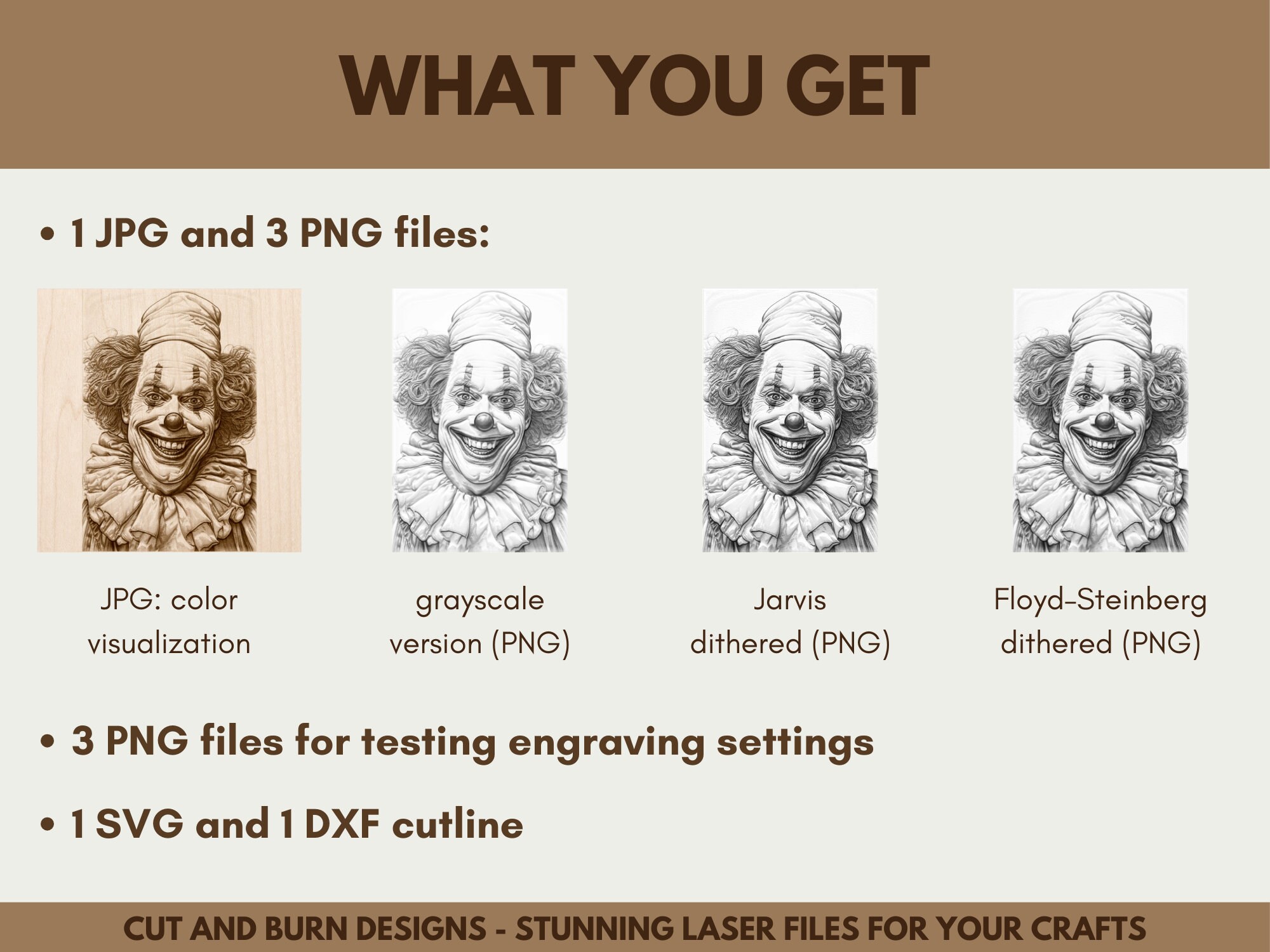 Circus, Scary Clown Portrait Laser Burn PNG for 3D Illusion Engrave ...