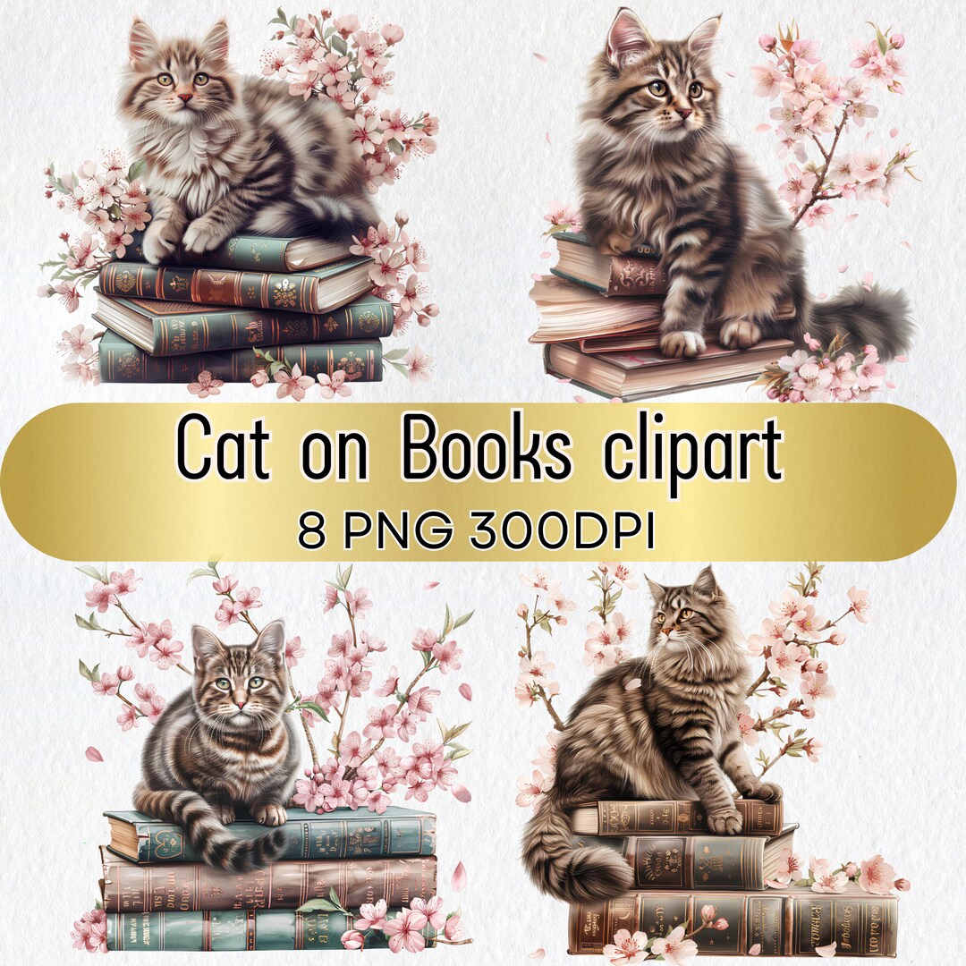 Watercolor Cat on Books Clipart, Cherry Blossoms Clipart, Book Stack ...