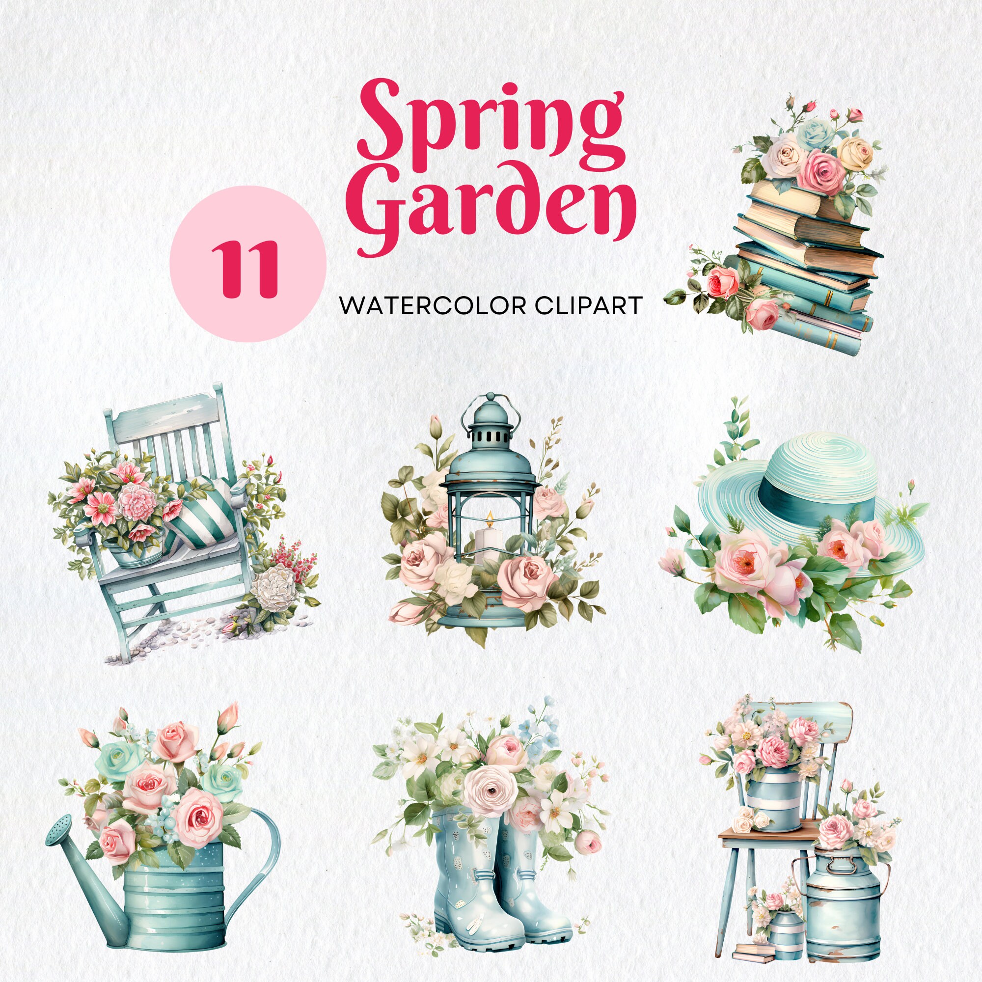 Watercolor Spring Clipart, Vintage Garden Trail Clipart, Spring Floral ...