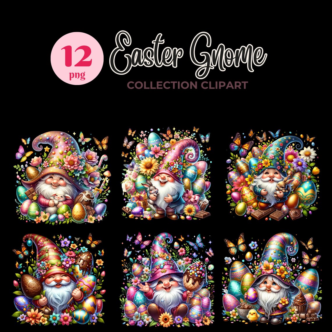 Watercolor Easter Gnome Collection Clipart, 12 PNG Easter Clipart ...