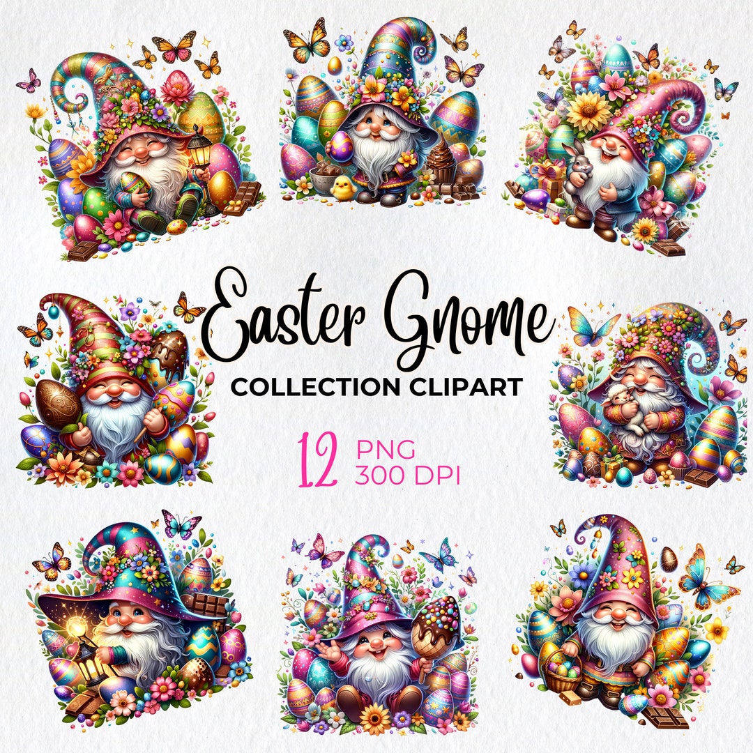Watercolor Easter Gnome Collection Clipart, 12 PNG Easter Clipart ...