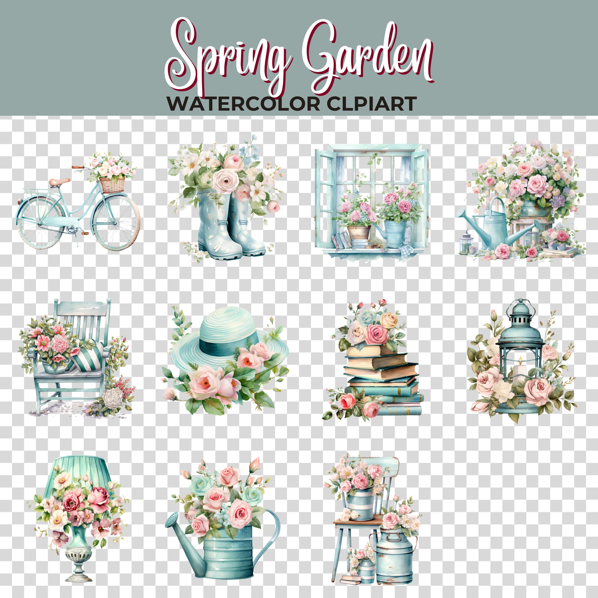 Watercolor Spring Clipart, Vintage Garden Trail Clipart, Spring Floral ...