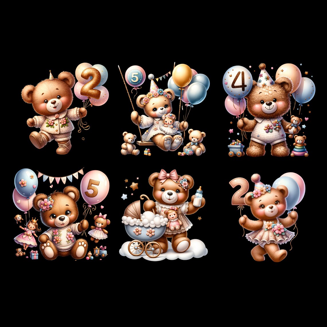 Watercolor Bear With Balloons Clipart, Birthday Balloons Bear,16 PNG ...