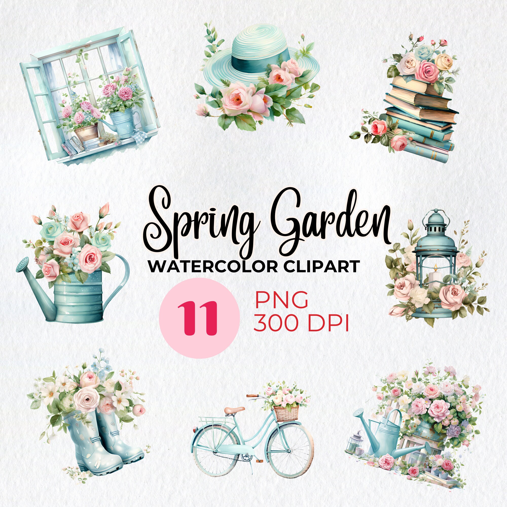 Watercolor Spring Clipart, Vintage Garden Trail Clipart, Spring Floral ...