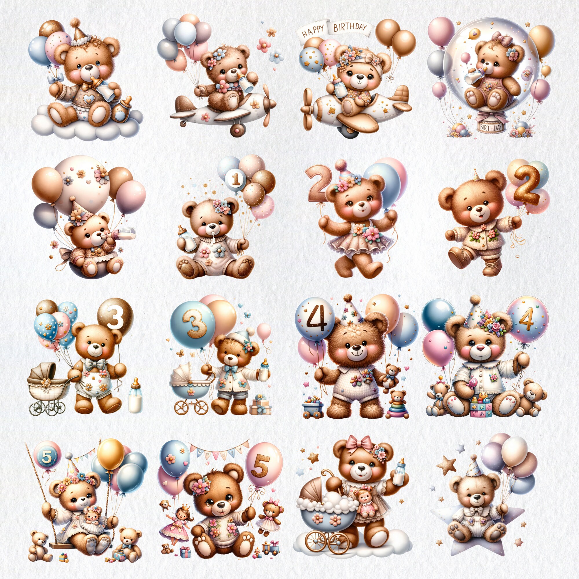 Watercolor Bear With Balloons Clipart, Birthday Balloons Bear,16 PNG ...