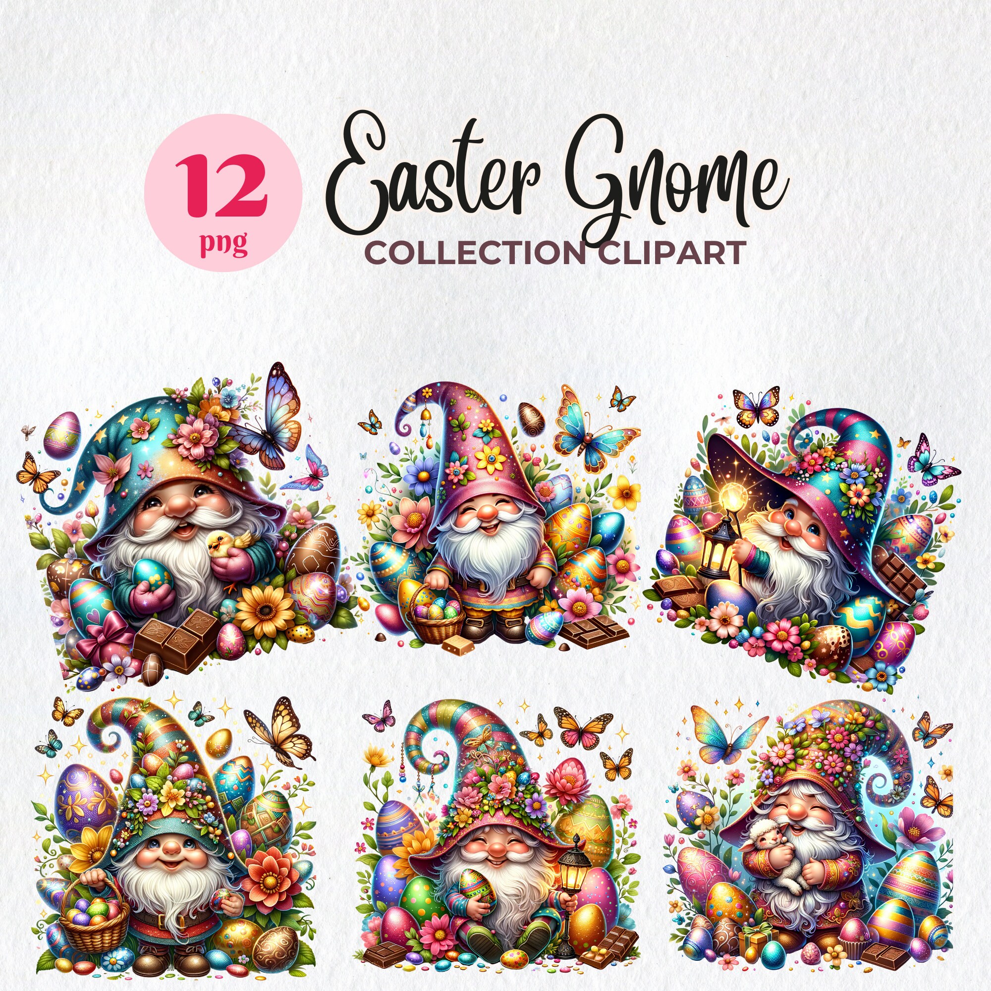 Watercolor Easter Gnome Collection Clipart, 12 PNG Easter Clipart ...