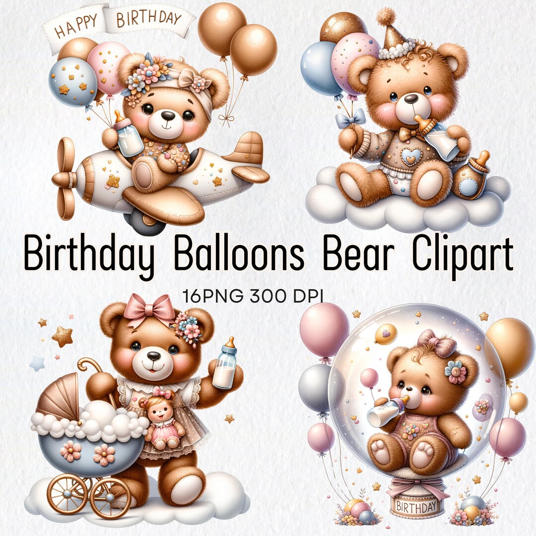 Watercolor Bear With Balloons Clipart, Birthday Balloons Bear,16 PNG ...