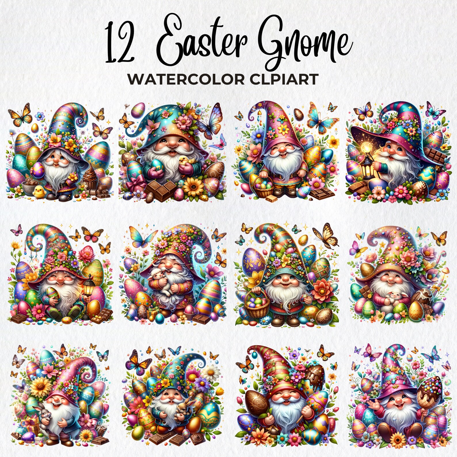 Watercolor Easter Gnome Collection Clipart, 12 PNG Easter Clipart ...
