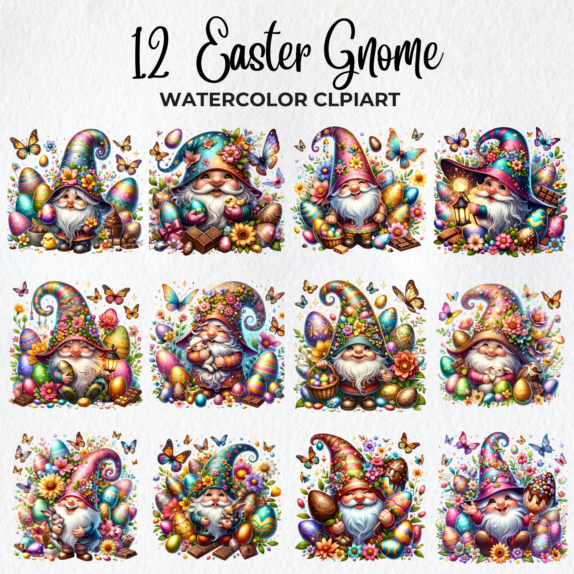 Watercolor Easter Gnome Collection Clipart, 12 PNG Easter Clipart ...