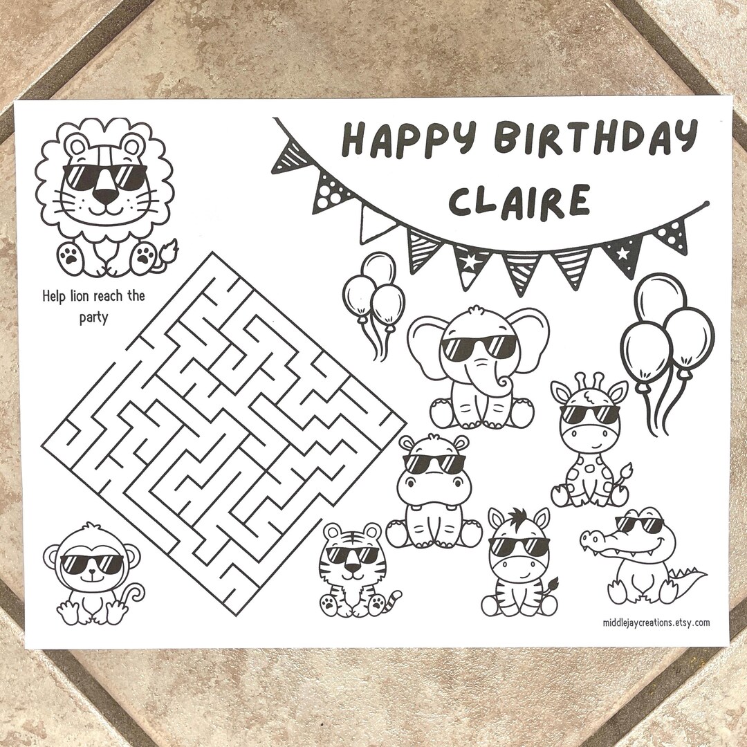 Jungle Safari Birthday Activity Mat, Animal Coloring Page, Personalized ...