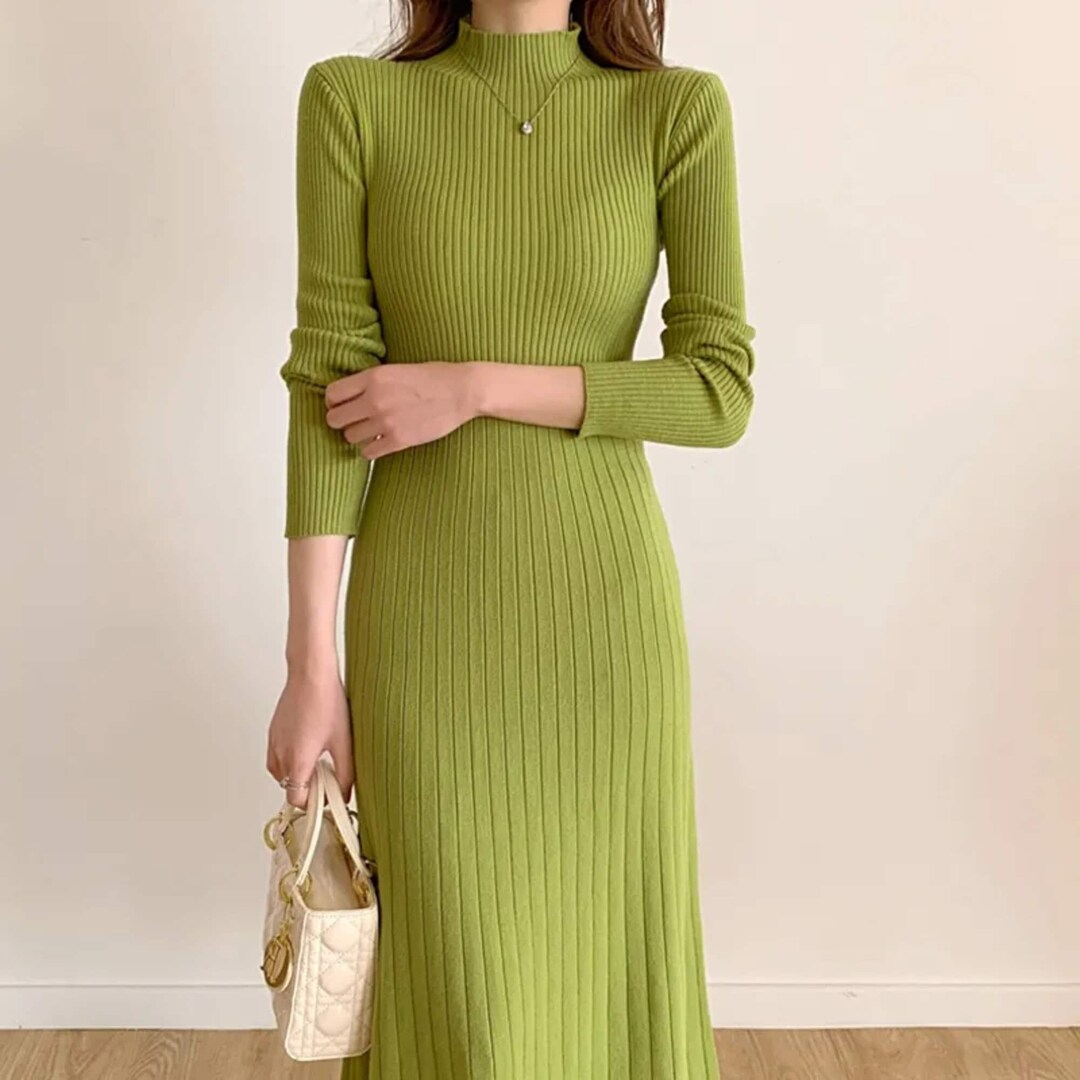 Elegant Knitted Midi Dress, Color Variations Dress, Women's Long Sleeve ...