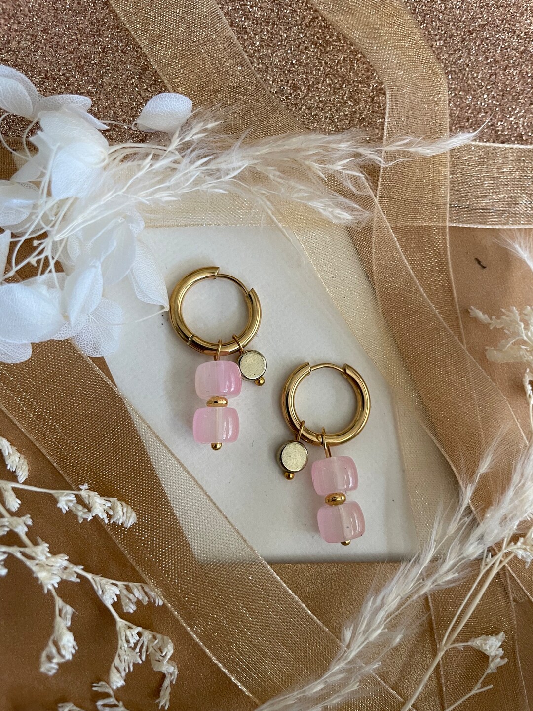 Eva Pink & Gold Hoop Earrings stainless Steel With Pink Beads - Etsy