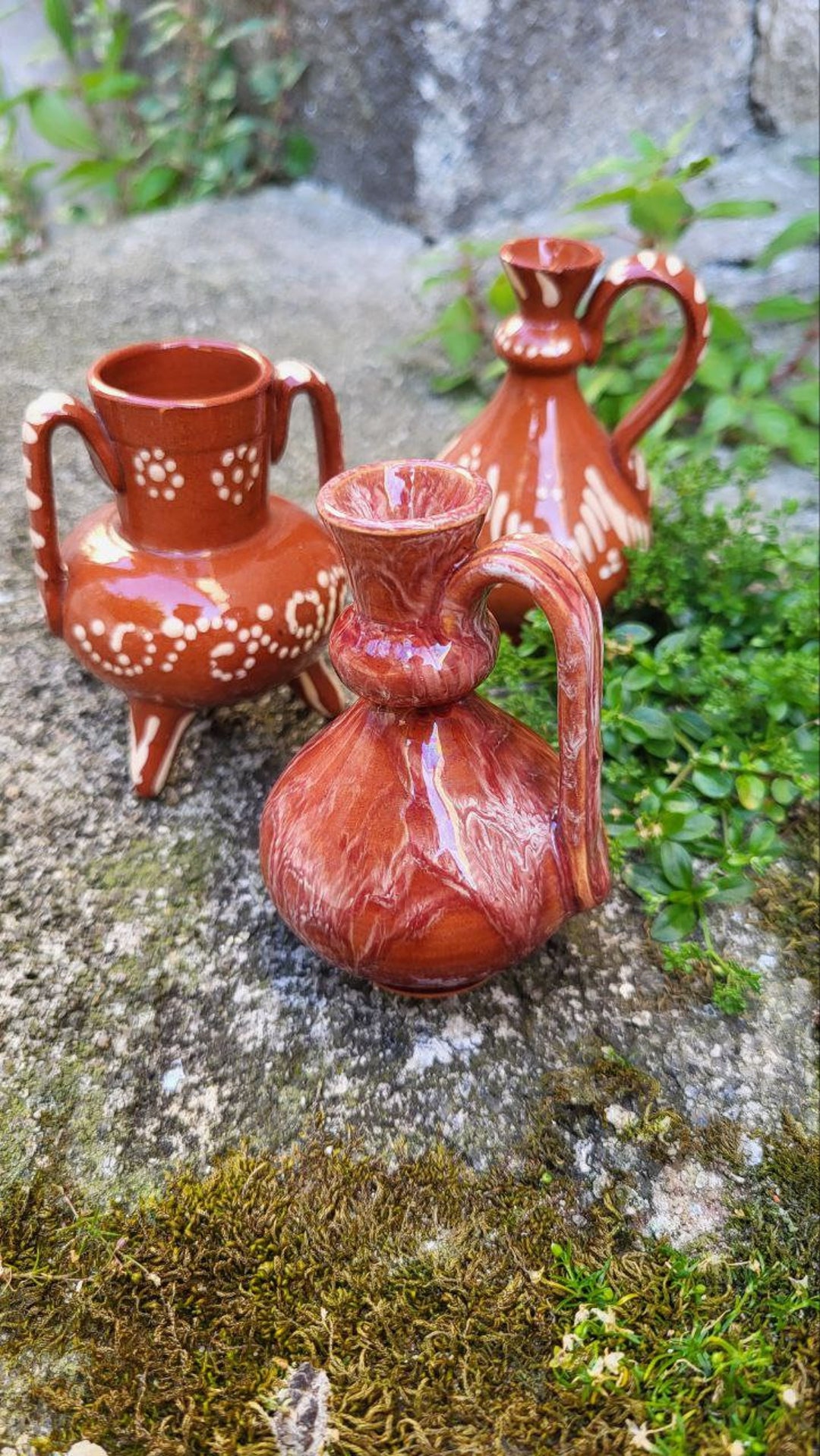 Vintage Terracotta Jugs, Set of Three Handmade Vessels: Three-legged ...