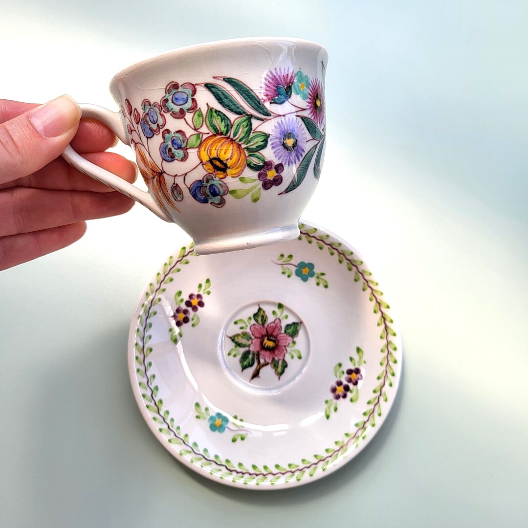 Antique Pair of Cup and Saucer | Hand-painted Underglaze Fine Faience ...