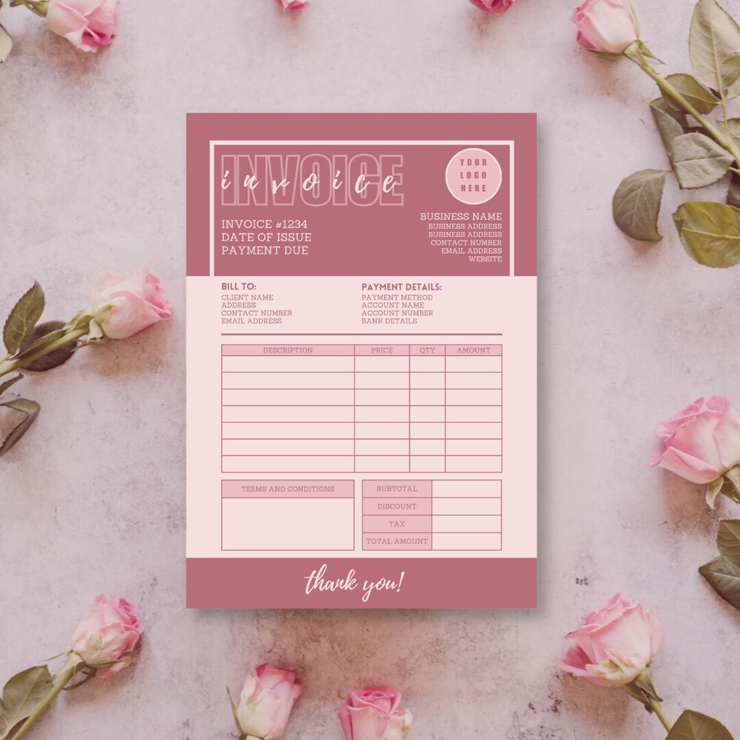 Rose Gold Invoice Editable Template, Printable Order Form, Digital ...