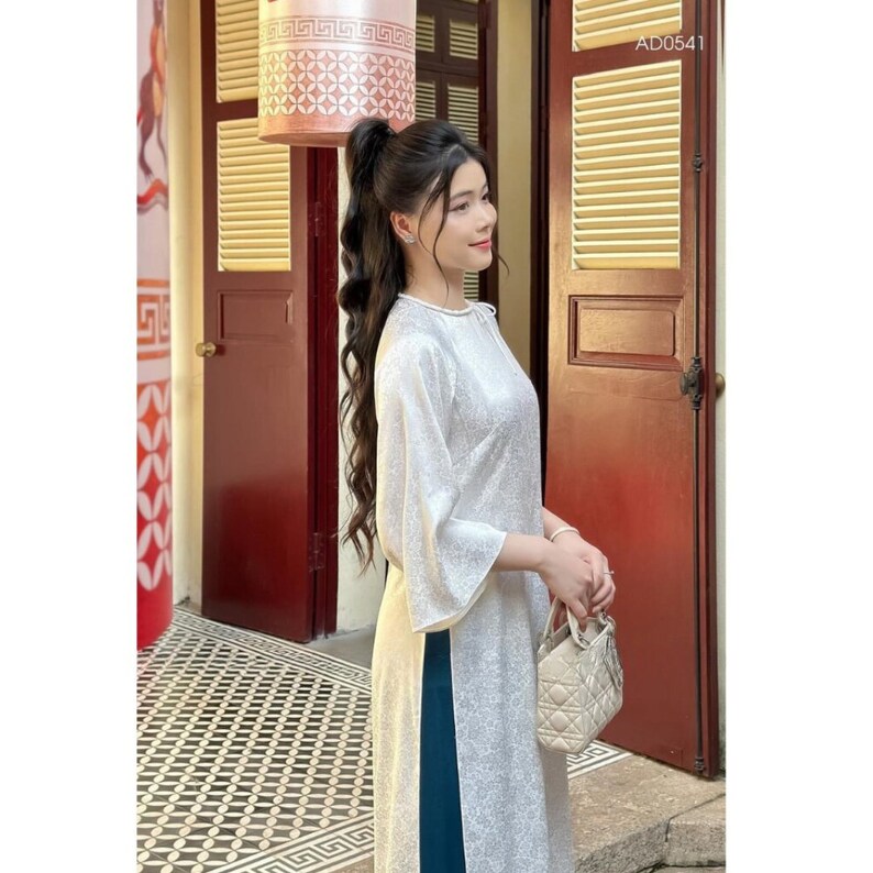Embossed Brocade White Pattern Vietnamese Traditional Dress ao Dai ...