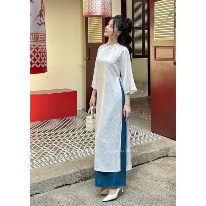 Embossed Brocade White Pattern Vietnamese Traditional Dress ao Dai ...