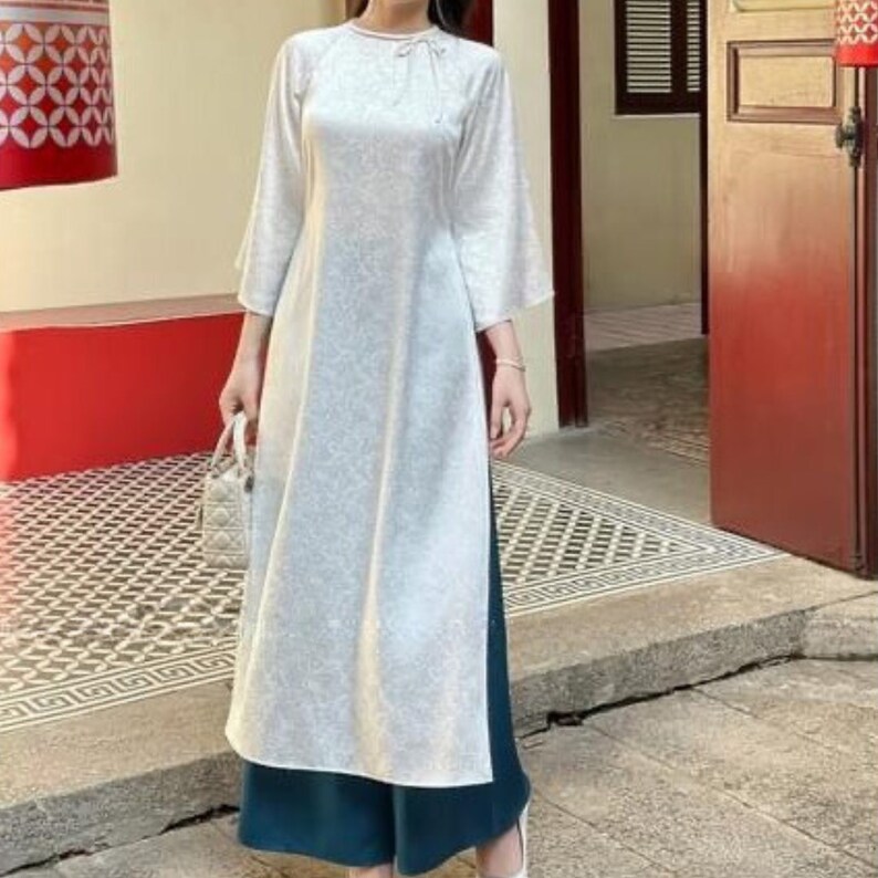 Embossed Brocade White Pattern Vietnamese Traditional Dress ao Dai ...