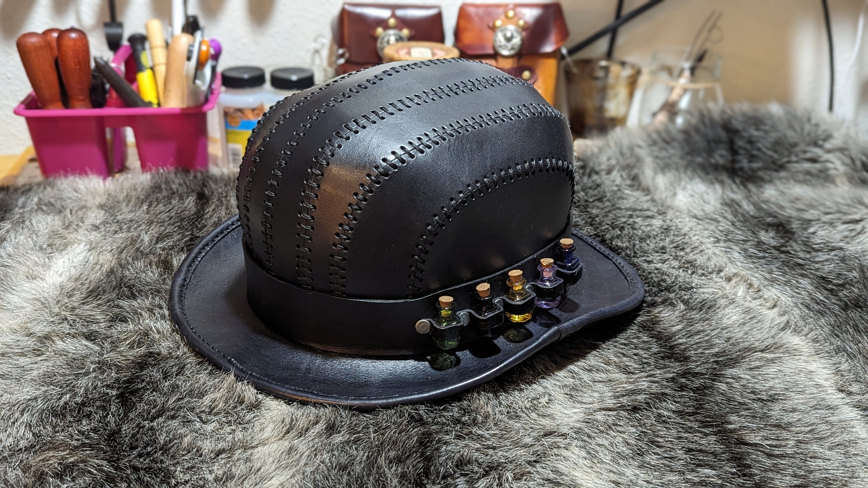 Handmade Steampunk Gambler Style Leather Bowler Hat, With Glass Vials ...