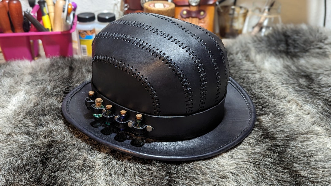 Handmade Steampunk Gambler Style Leather Bowler Hat, With Glass Vials ...