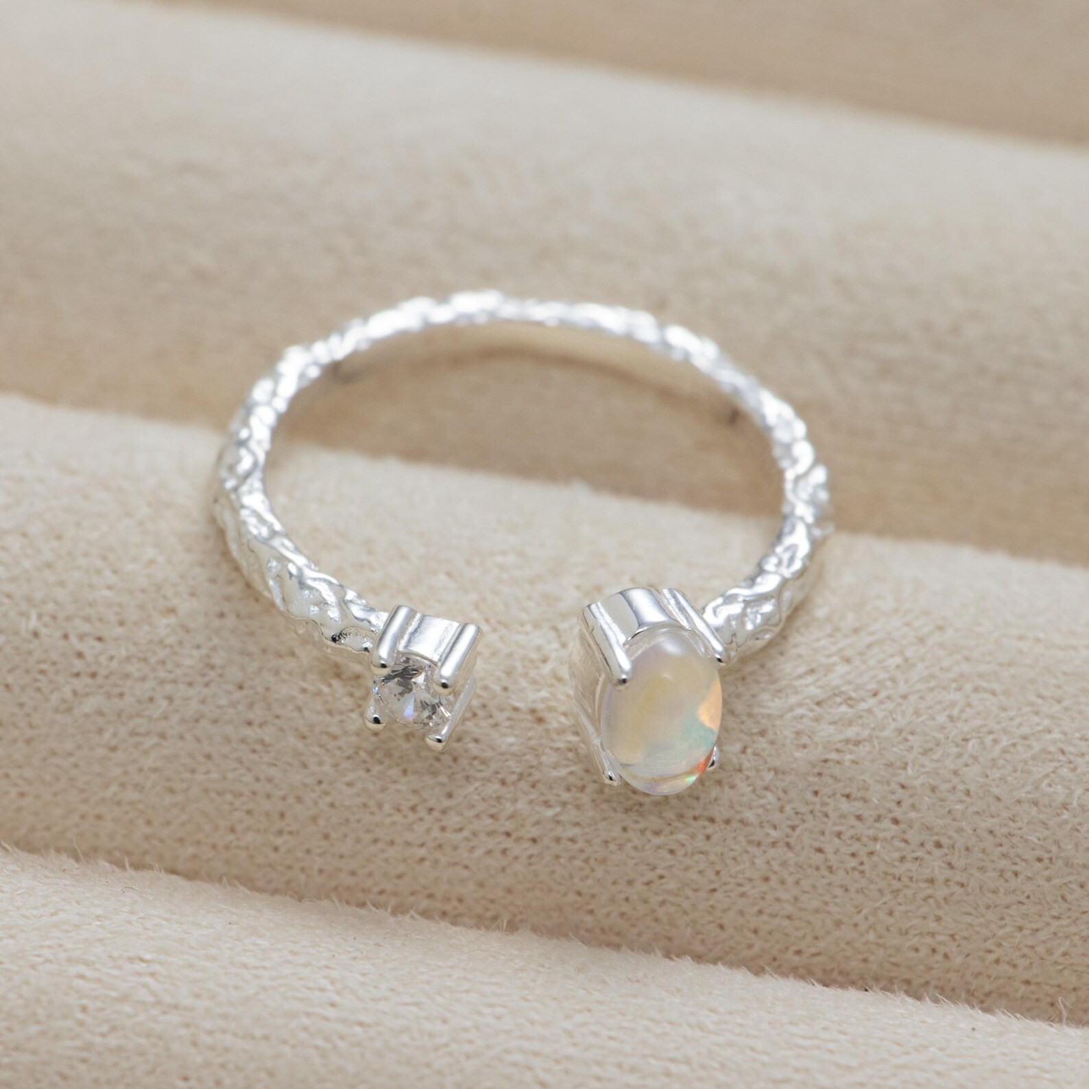 Rainbow Moonstone Foil Texture Adjustable Ring, Moonstone and Zirconia ...