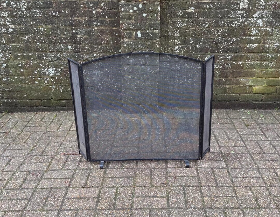 Circa 1970s Vintage Black Iron Folding Fire Screen Mesh Fireplace Guard ...