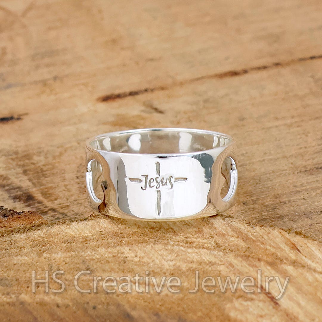 Sterling Silver Jesus Cross Ring: 10mm Heart Band, Religious Jewelry - Etsy