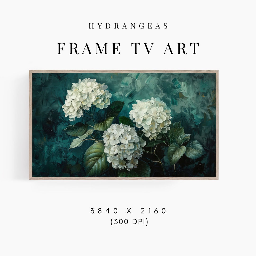 Hydrangea Flowers Frame TV Art, White Flowers With Dark Green Moody ...