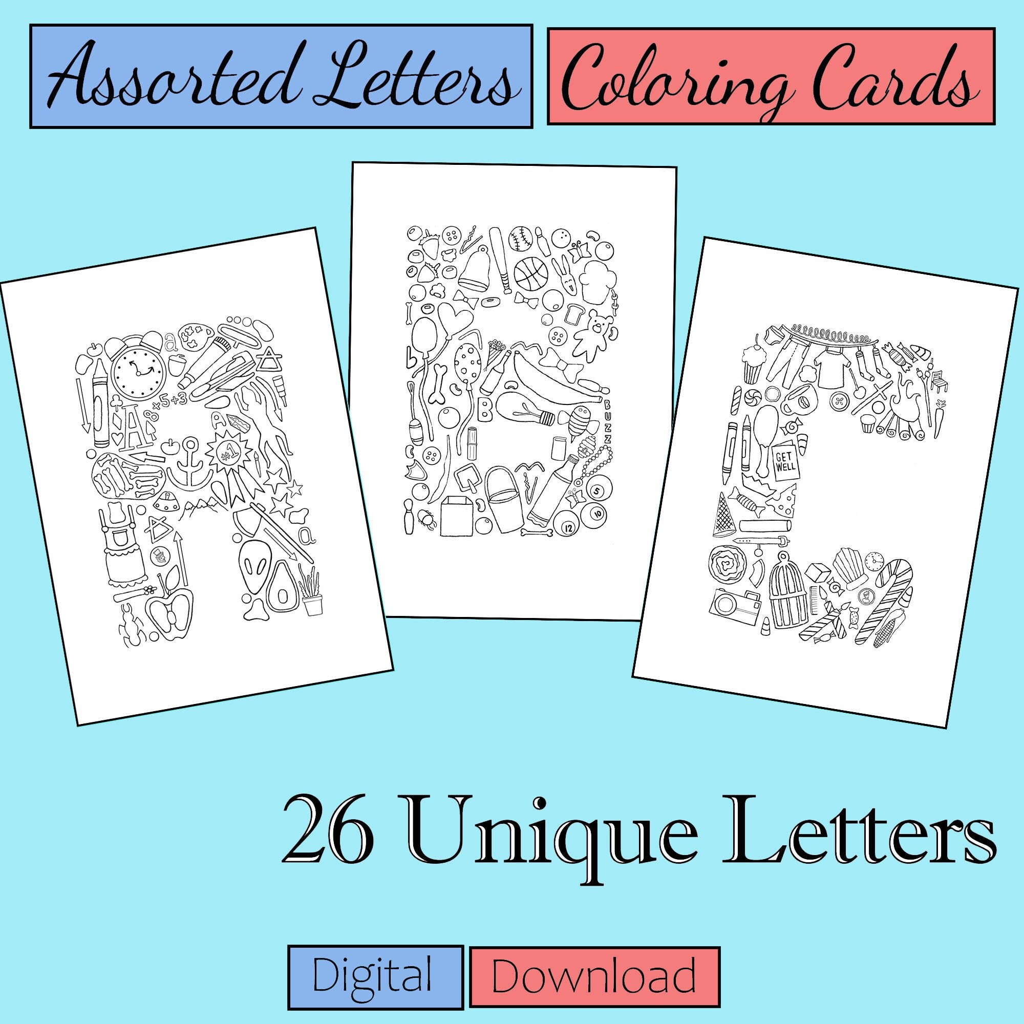 Alphabet Coloring Pages of Unique Letter Designs 26 Individual 5 X 7 ...