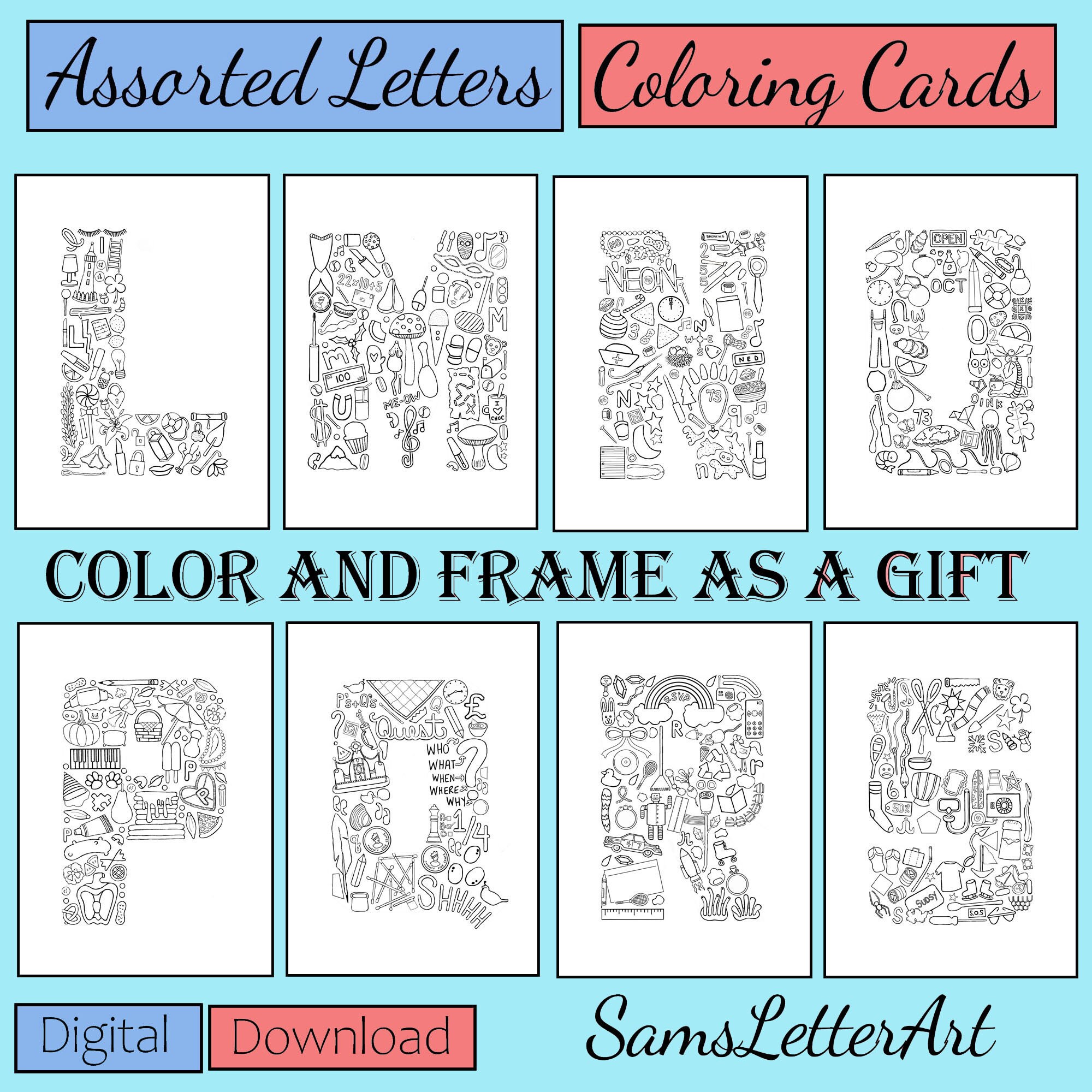 Alphabet Coloring Pages of Unique Letter Designs 26 Individual 5 X 7 ...