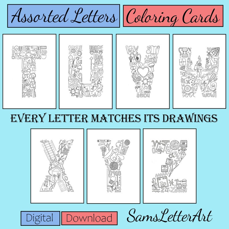 Alphabet Coloring Pages of Unique Letter Designs 26 Individual 5 X 7 ...