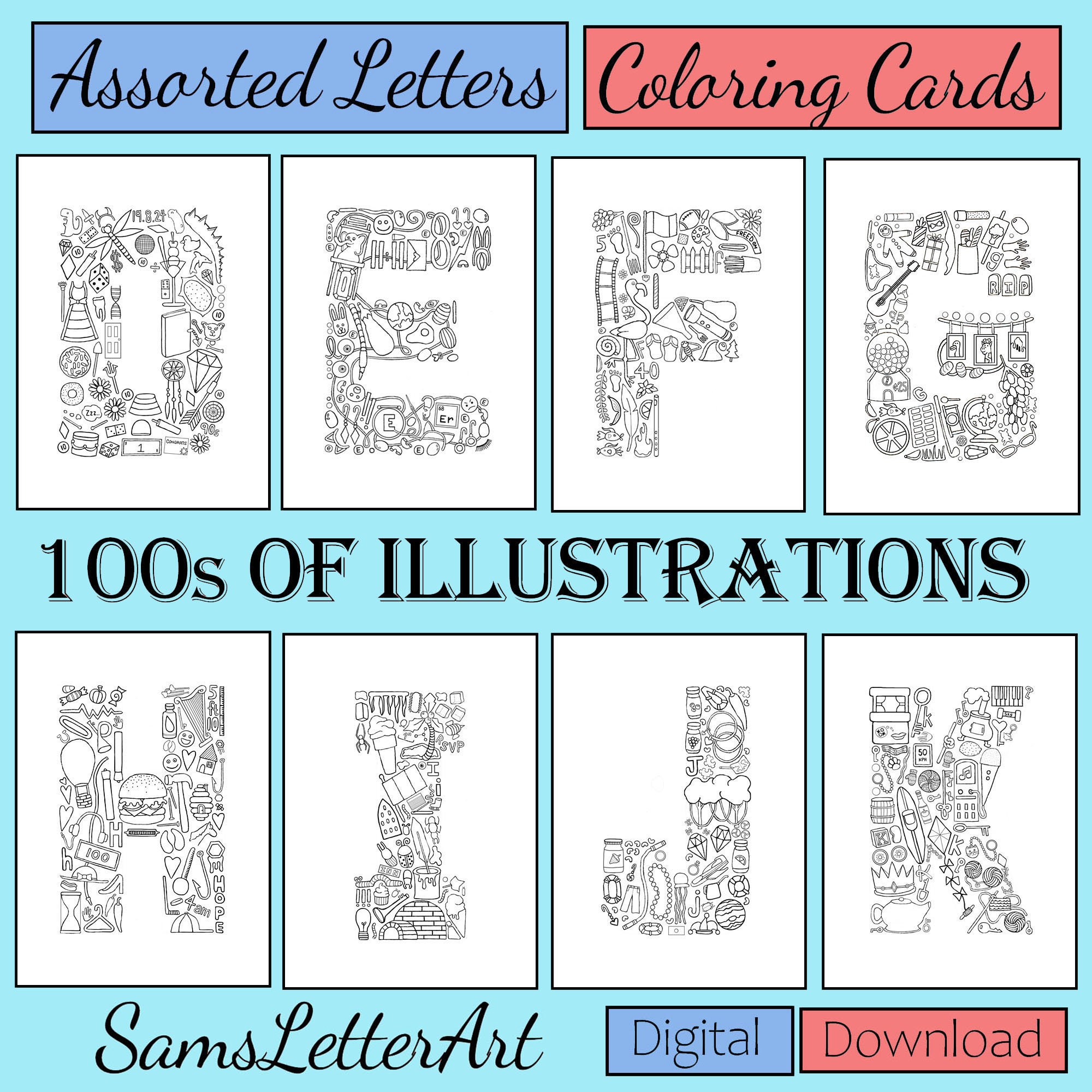 Alphabet Coloring Pages of Unique Letter Designs 26 Individual 5 X 7 ...