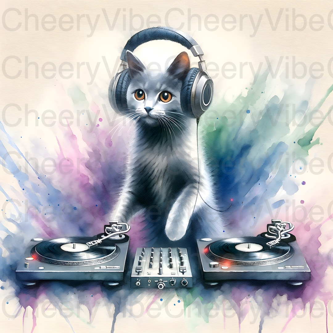Cat Wall Art Printable DJ Gray Cat on Turntables Watercolor Digital ...