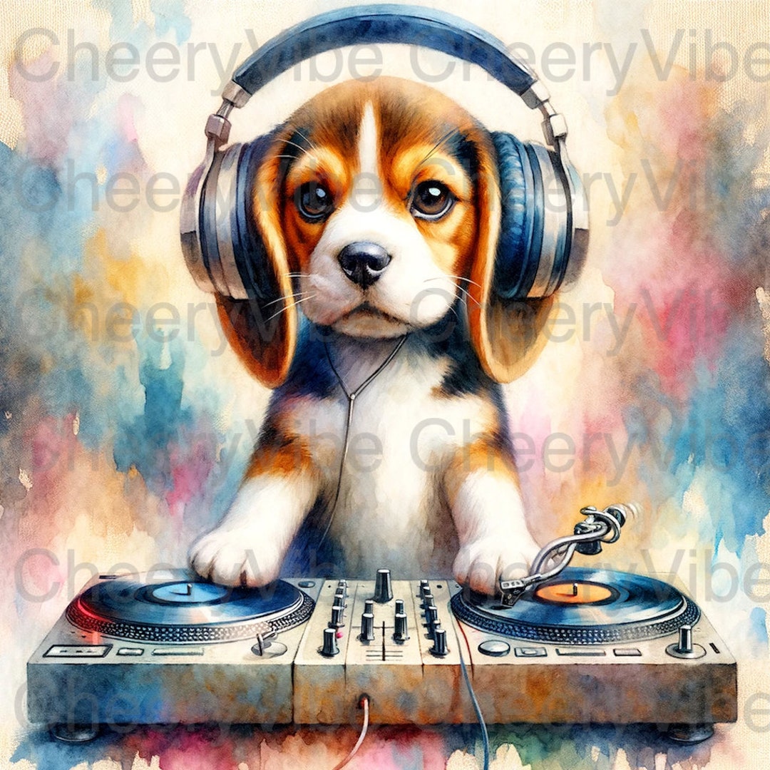 Dog Wall Art Printable DJ Beagle Dog on Turntables Watercolor Digital ...