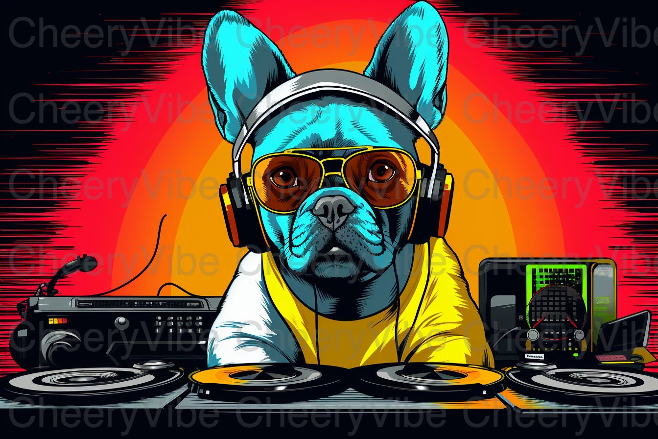 DJ French Bulldog, Frenchie Art, Dj Art Digital Download, DJ Wall Art, Retro Disco Decor, DJ Dog ...