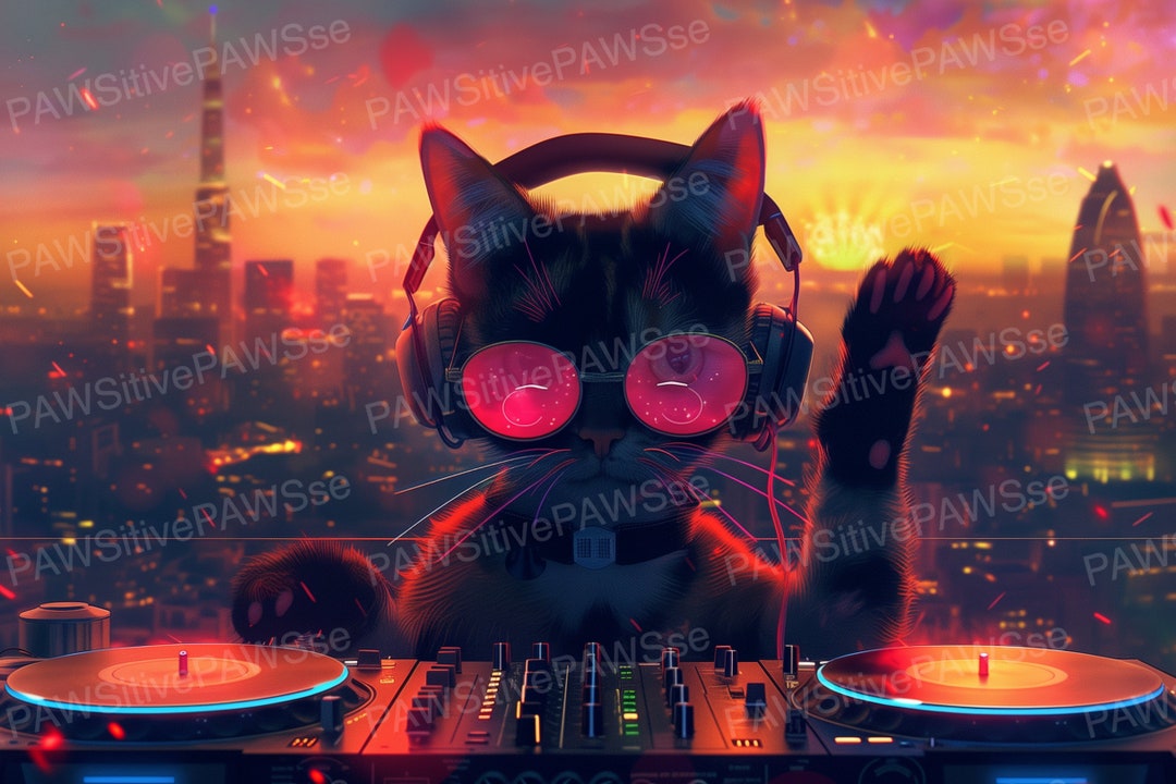 Cat Wall Pop Art Printable DJ Maine Coot Kitty on Turntables Digital ...